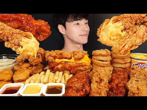 ASMR MUKBANG KFC FRIED CHICKEN & FRIED CHICKEN BURGER & CHICKEN NUGGETS & ONION RINGS & FRENCH FRIES