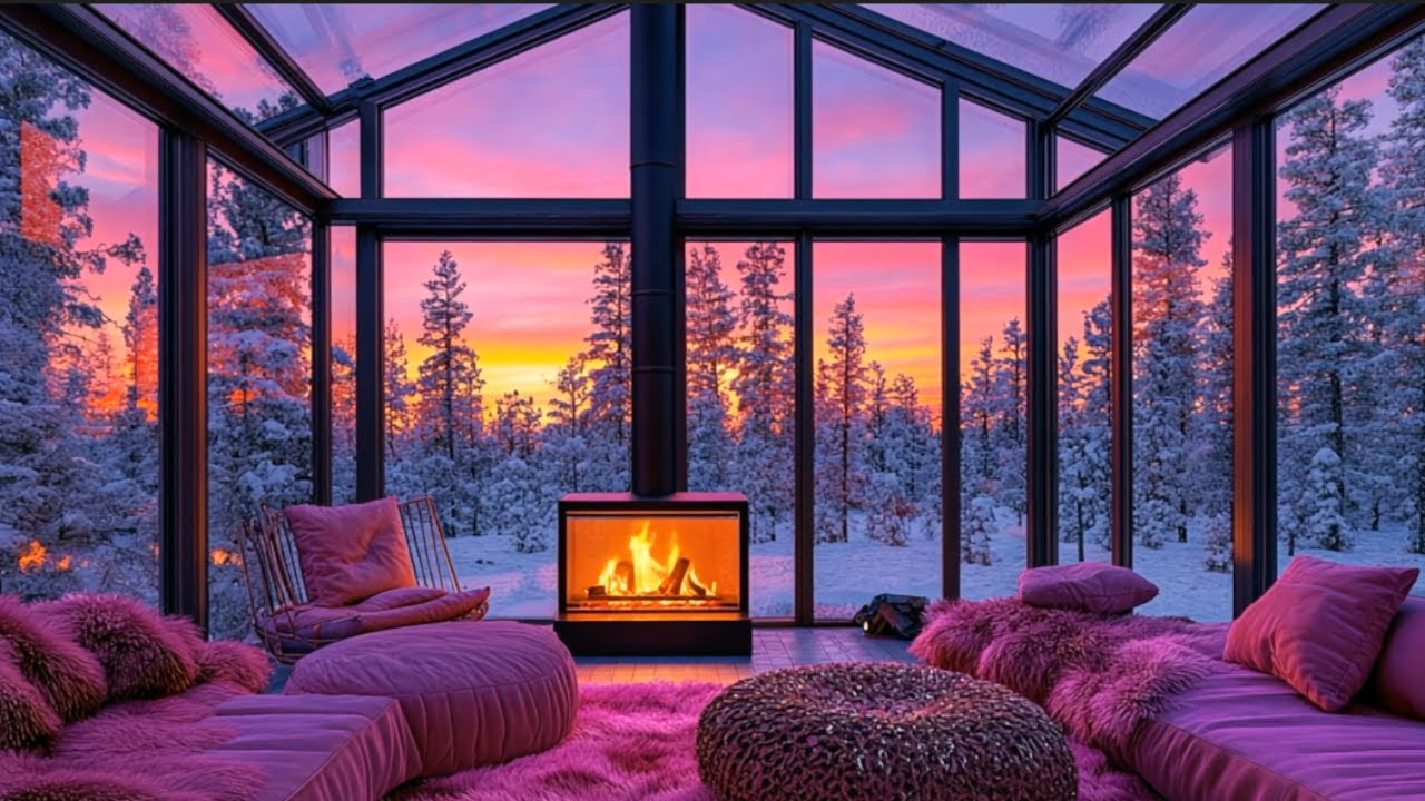 Dreamy Pink Glass Cabin in the Snow ️ Cozy Fireplace & Sunset Ambience ...