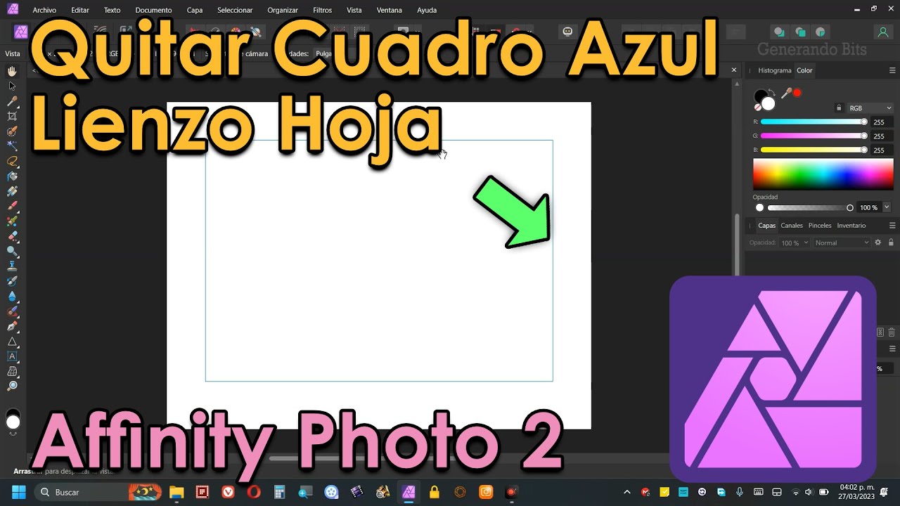 Como quitar rectángulo margen azul del lienzo hoja Affinity Photo 2 ...