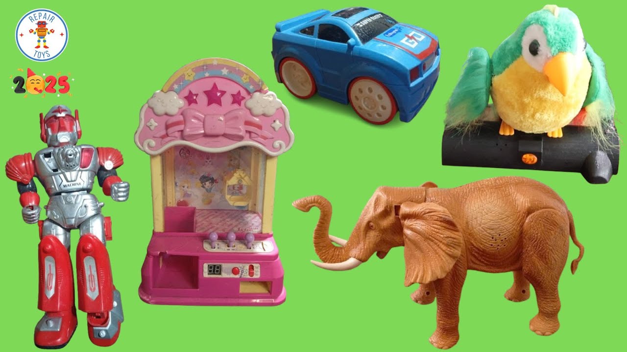 Repair five toys: Fighting robot, mini claw machine, parrot, elephant ...