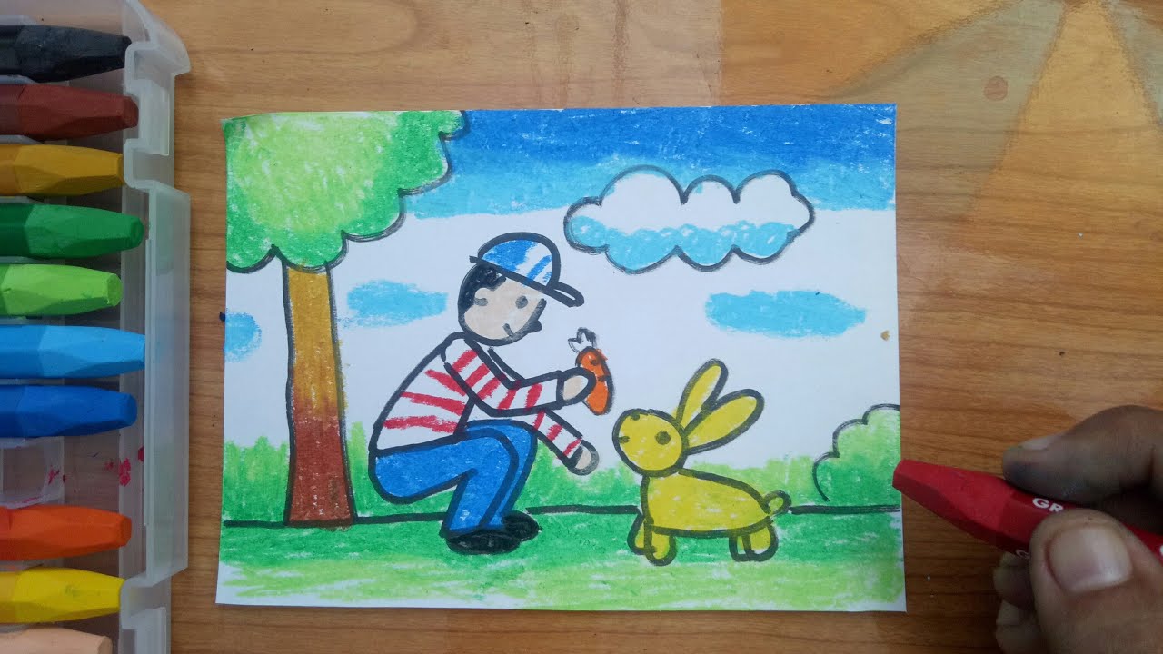 How to draw the boy feeding rabbit || very easy drawing - YouTube