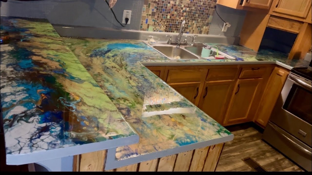 Acrylic paint pour countertop with epoxy resin tutorial - YouTube