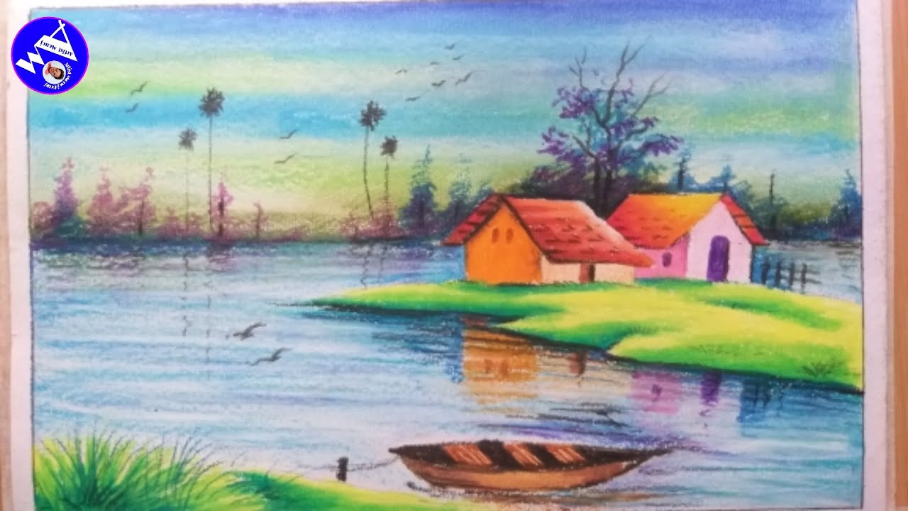 Easy landscape drawing with reflection of water - YouTube