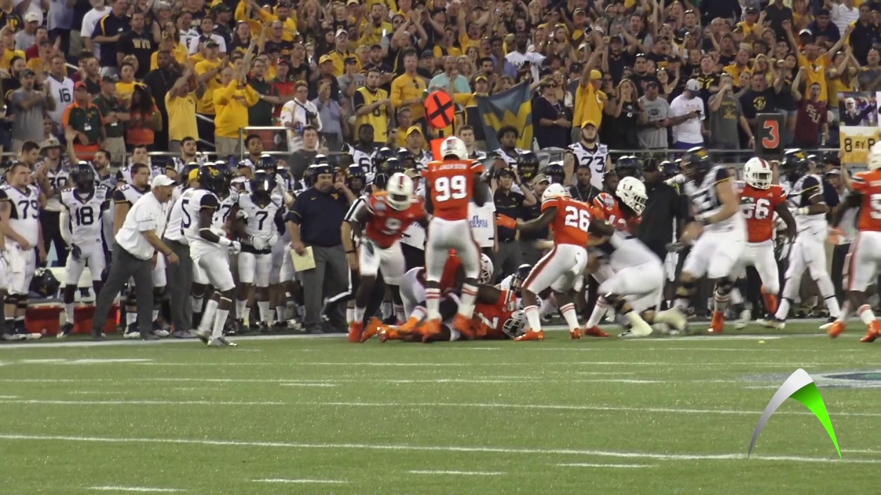 Miami DE Chad Thomas forced fumble vs WVA 2016 Russell Athletic Bowl ...