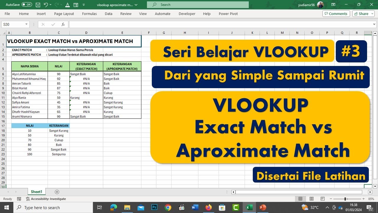Seri Belajar VLOOKUP Pt 3 - Vlookup Exact Match vs Aproximate Match ...