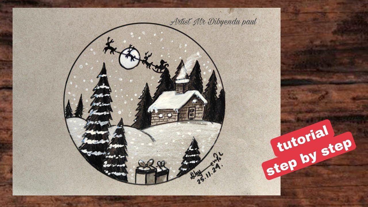 Merry Christmas Scenery Drawing with pencil shading/ Easy Christmas Art ...