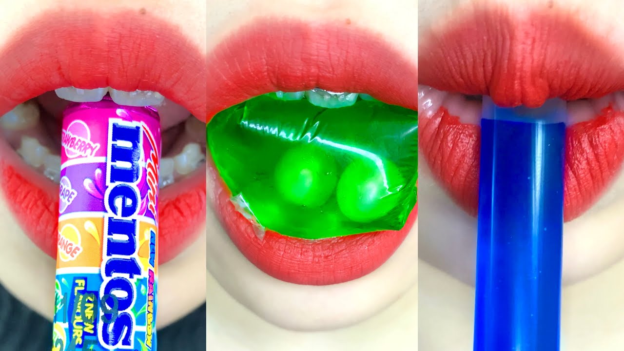 asmr POPPING BOBA JUICE MENTOS TREE GUMMY BLUE WATER eating sounds ...