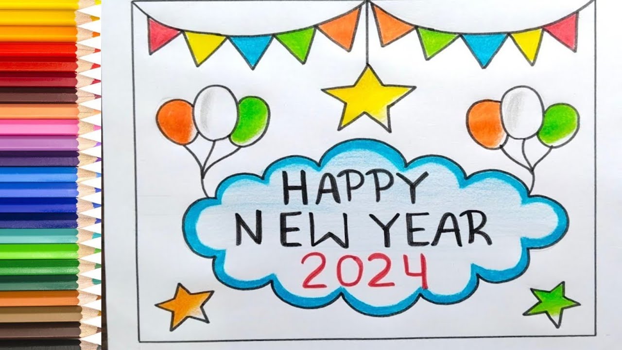 How to darw happy new year darwing /easy darwing happy new year 2024 ...