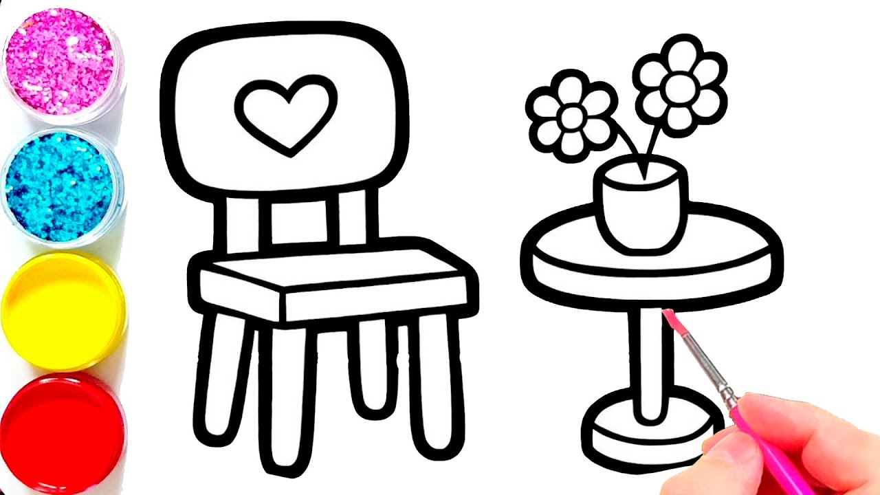 How to draw cute table and chairs and colorful rainbow for children ...