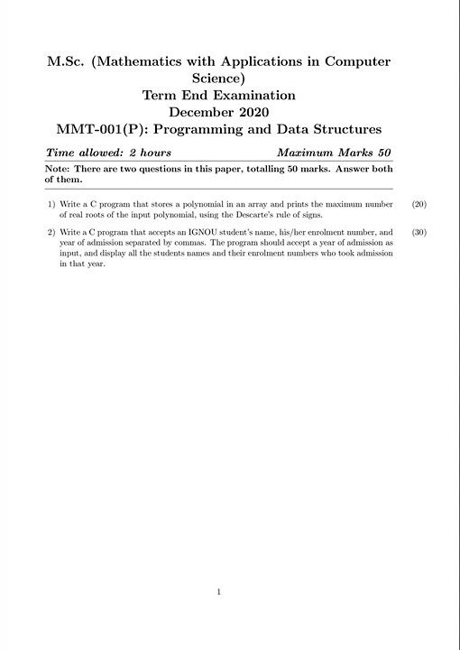 MMT - 001(P) Programming and Data Structures December 2020 Question Paper - YouTube