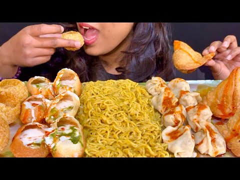 ASMR EATING INDIAN STREET FOOD | SAMOSA, MAGGI, MOMO, DAHIPURI ...