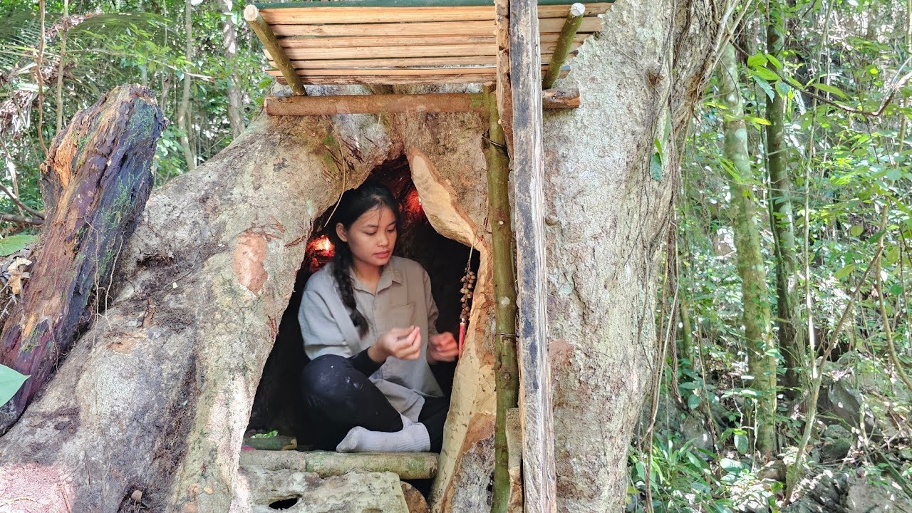 Build a warm secret shelter inside a large oak tree ...