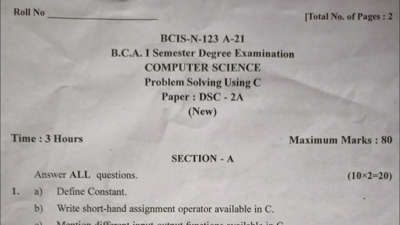BCA 1st Sem Problem Solving Using C Gulbarga University CBCS question paper Karnataka 2021 ...