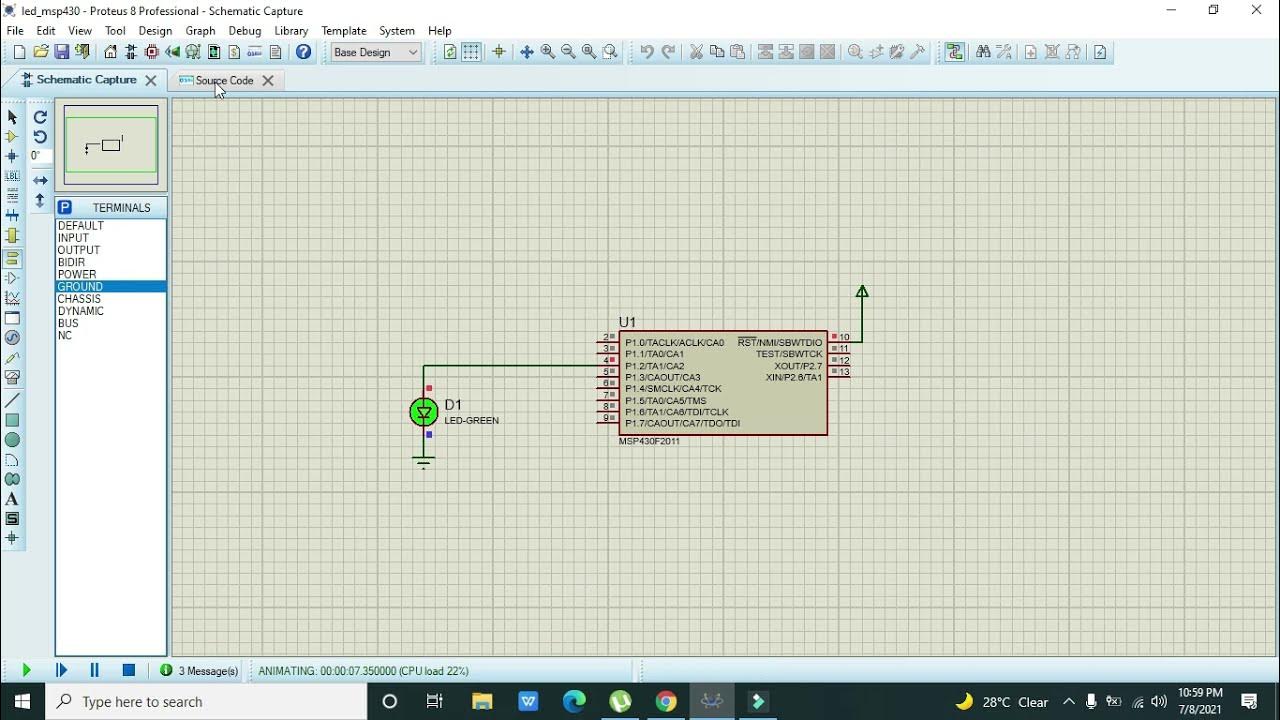 how to blink an led with msp430 in proteus using microC - YouTube