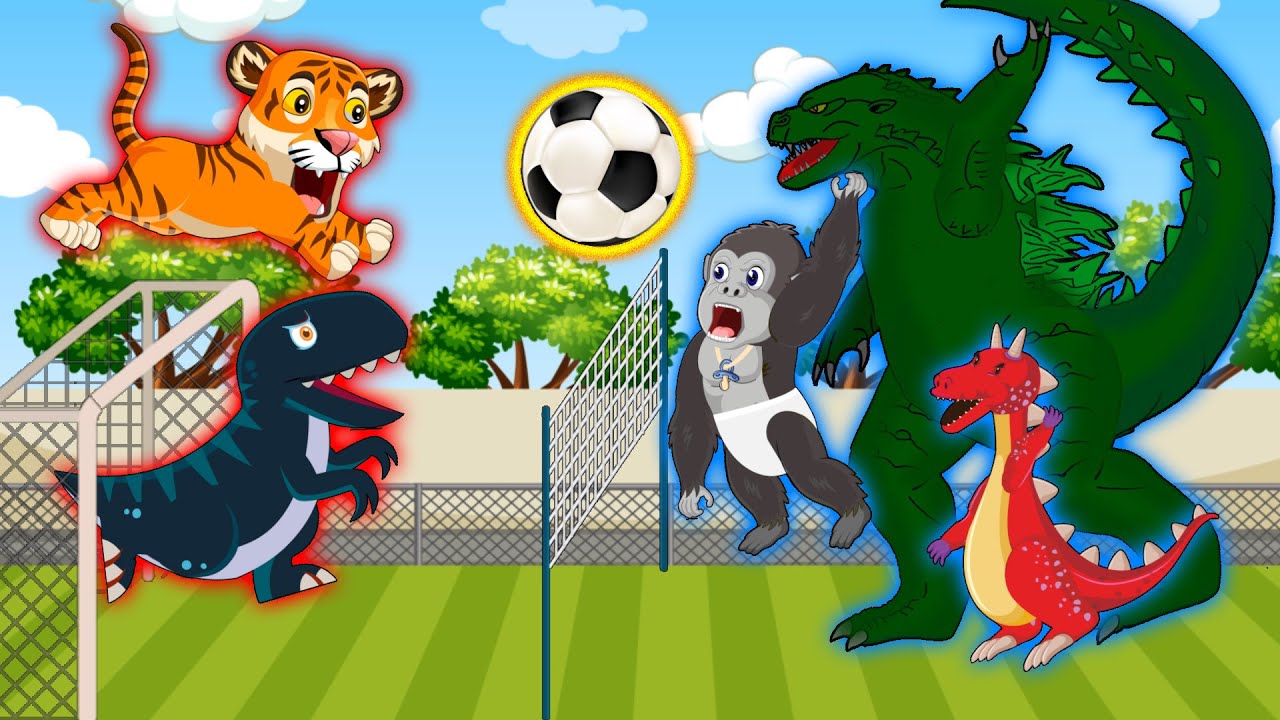 Cute Baby Animals Godzilla Play Football and Volleyball Funny Cartoon ...