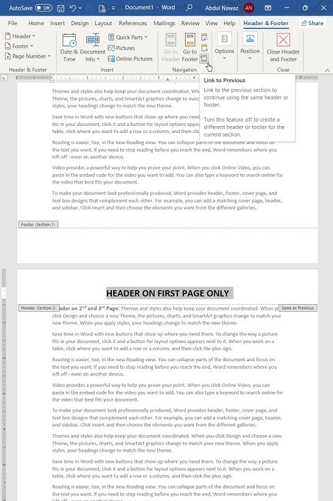 Different Headers on different Pages in MS Word - YouTube