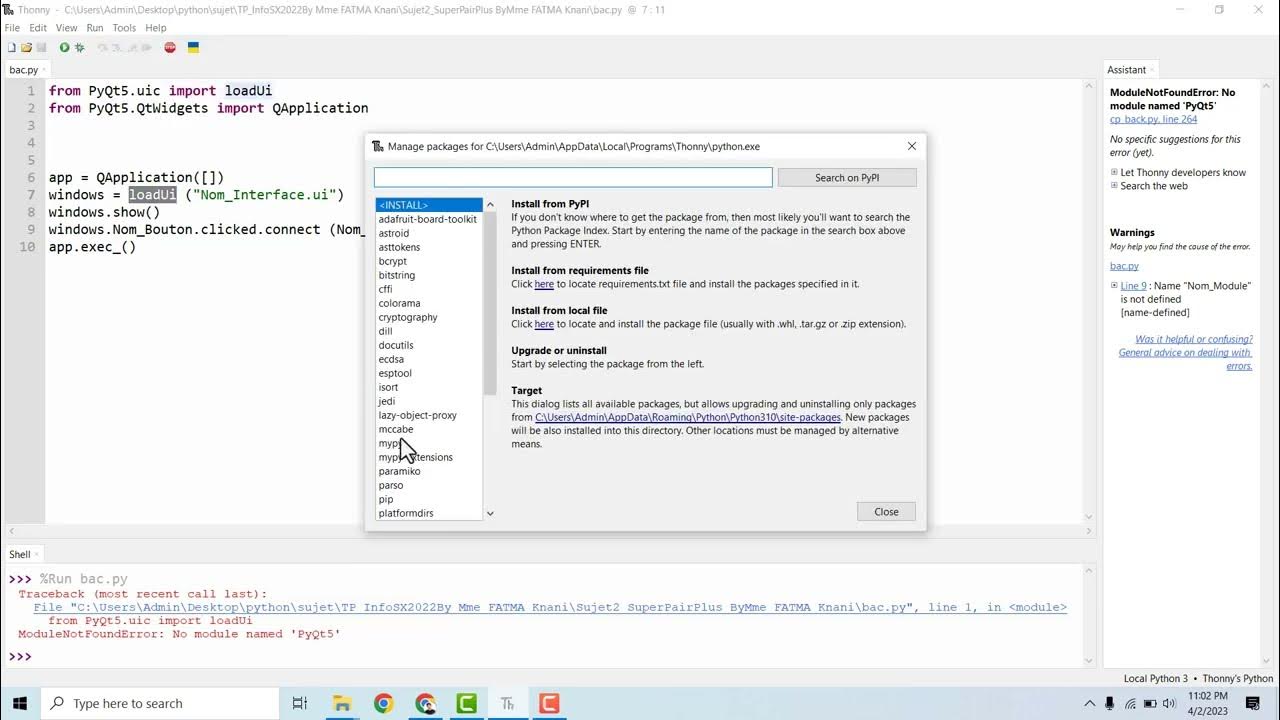 Preparation de l'environnement de travail : Python Thonny Qt design ...