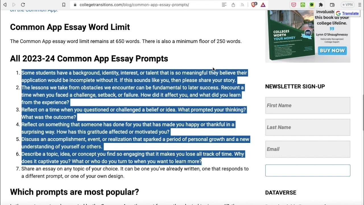 Common App Essays, Pt. 1: Intro & Overview of Prompts - YouTube