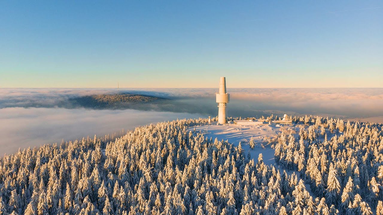 Aerial view of the Ochsenkopf and Schneeberg mountains, Bavaria ...