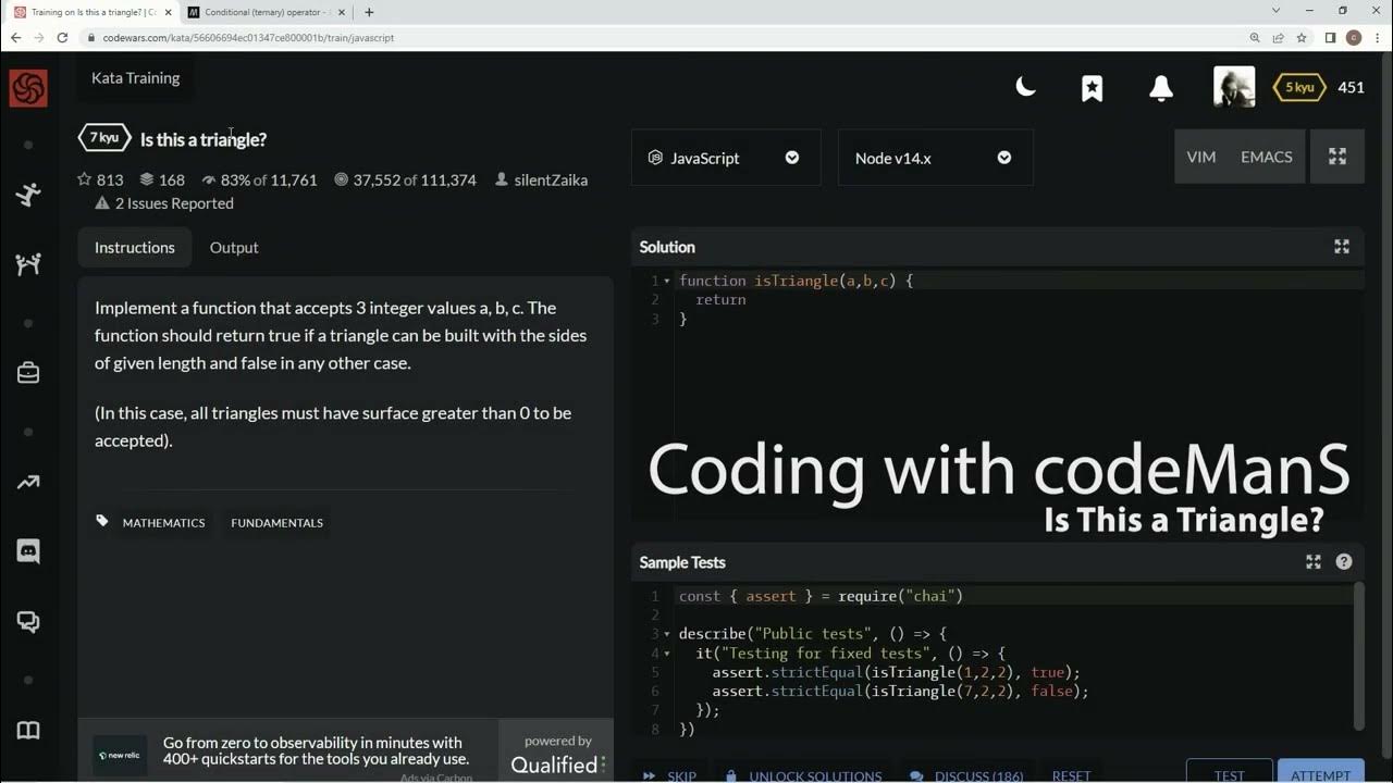 Codewars 7 kyu Is This a Triangle? JavaScript - YouTube