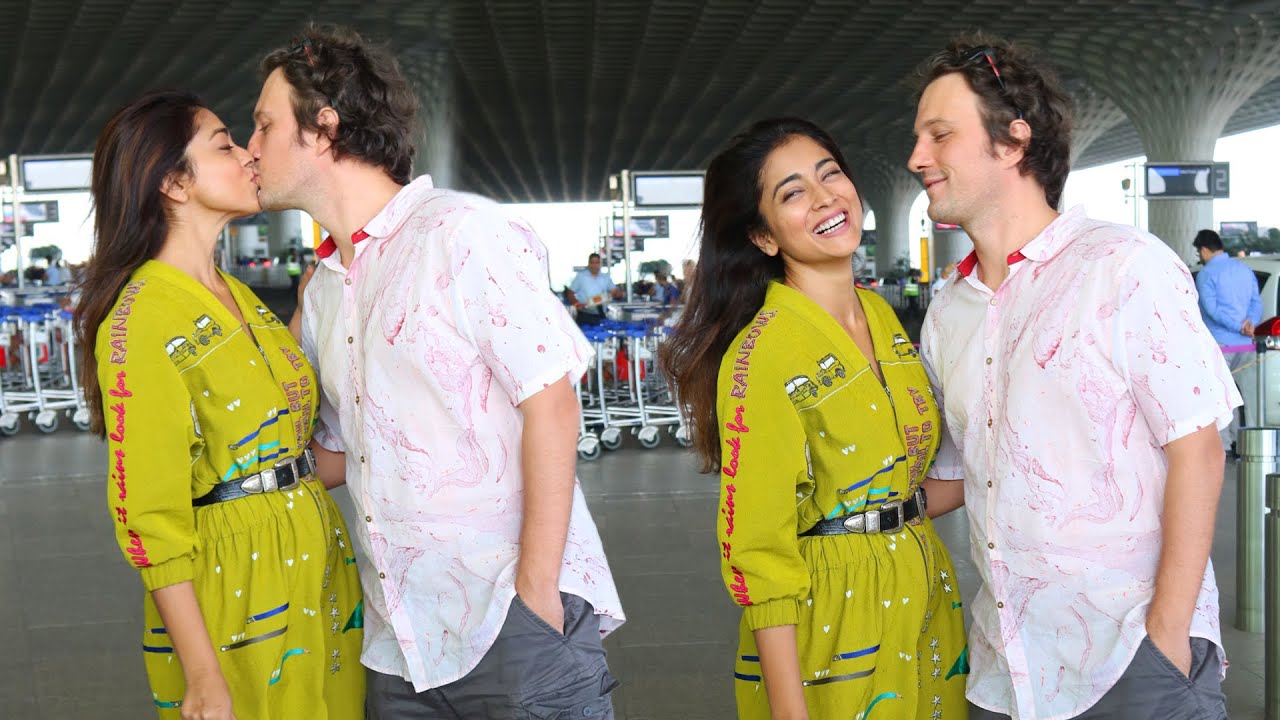 Shriya Saran Kisses Hubby, Gives Romantic Poses At Airport - YouTube