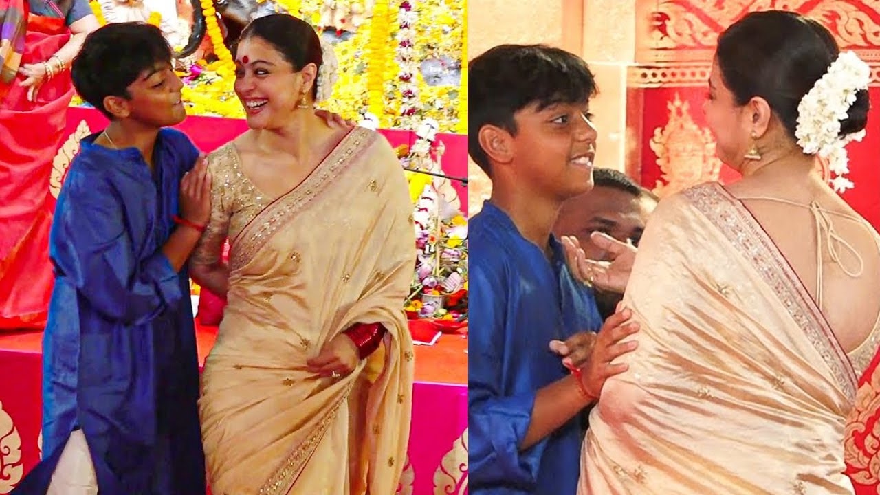 Kajol Devgan Cute Moment with Son Yug Devgan at North Bombay Sarbojanin ...