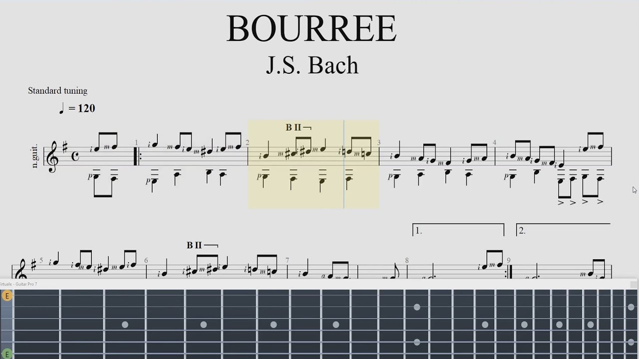 Bach - BOUREE IN E MINOR - Guitar Tutorial (Tab + Sheet Music) - YouTube