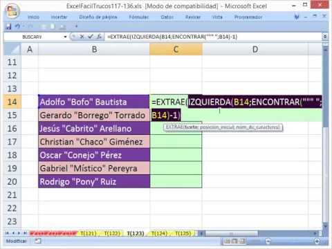 ExcelTrucos Nro #123: Fórmula Para Extraer Apodo o Segundo Nombre - YouTube