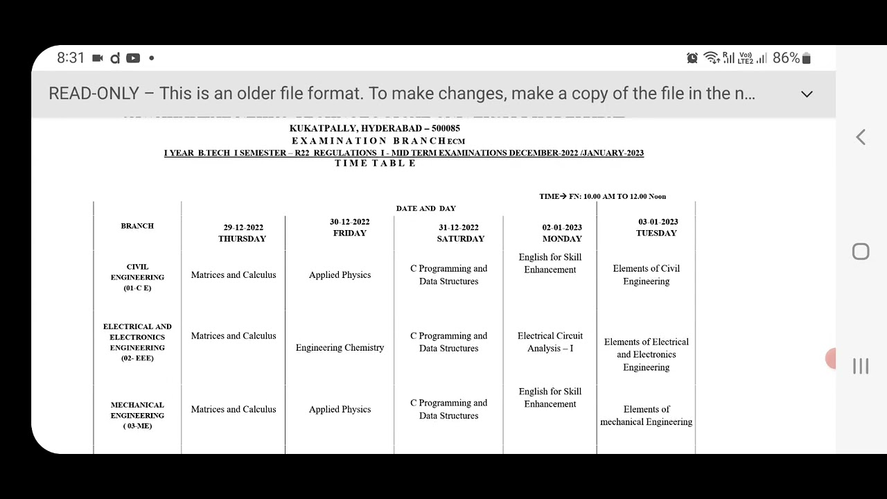 Time Table for JNTUH B.tech 1 Year 1 sem mid Exam || JNTUH UPDATES ...