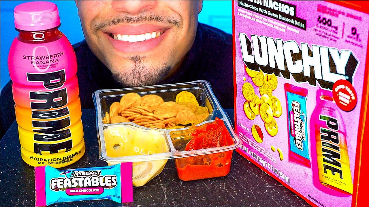 LUNCHLY MRBEAST PRIME NACHO CHEESE SAUCE DIPPING CHOCOLATE BAR EATING ...