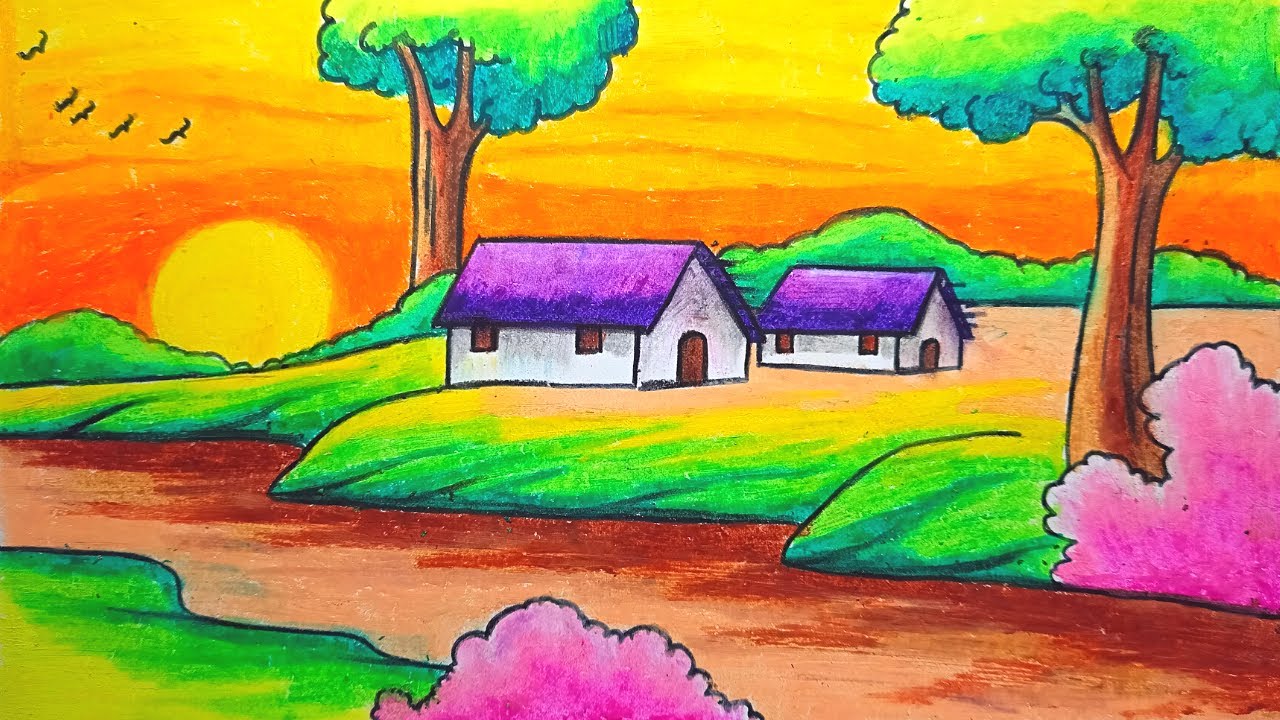 Easy village Scenery Drawing with oilpastels Step by Step || How to ...