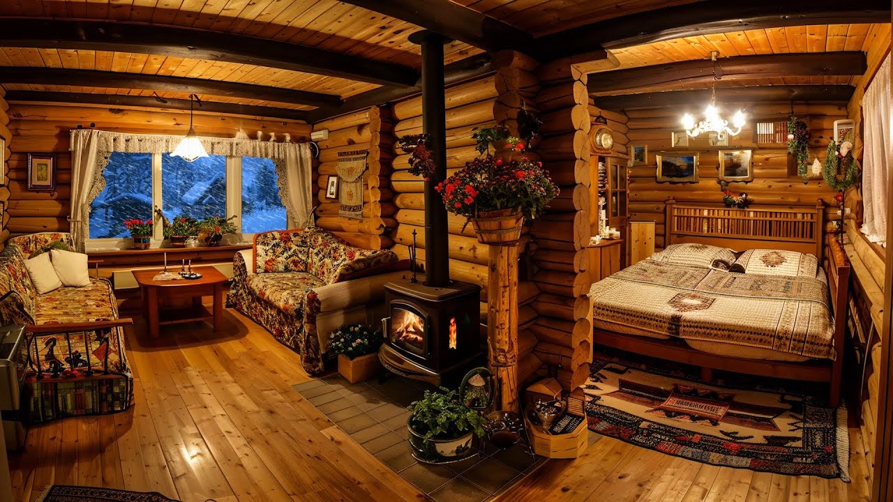 Winter Blizzard Atmosphere | Warm Fireplace Burning | Sleeping in Cozy ...