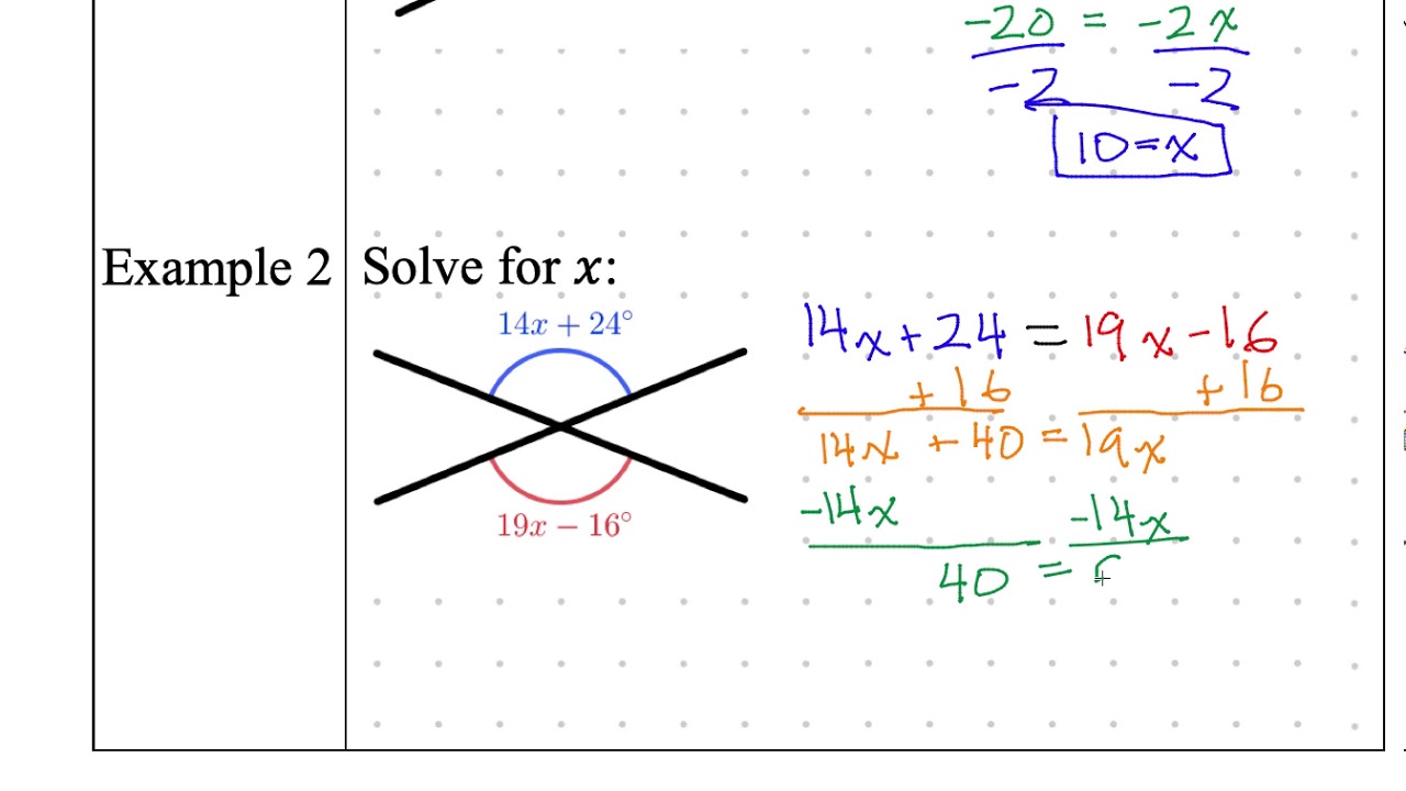 Geometry notes 1-4 Vertical Angles with Equations - YouTube