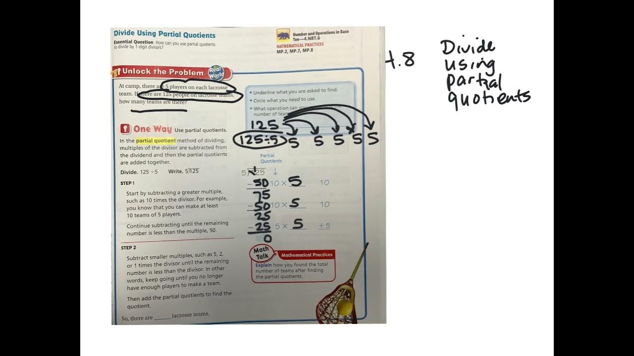4th grade GoMath lesson 4.8 divide using partial quotient - YouTube