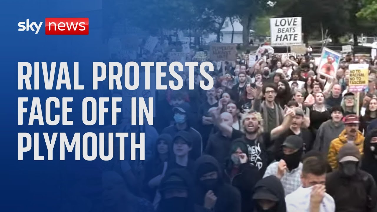 UK riots: Rival protests face off in Plymouth as riot police try to ...