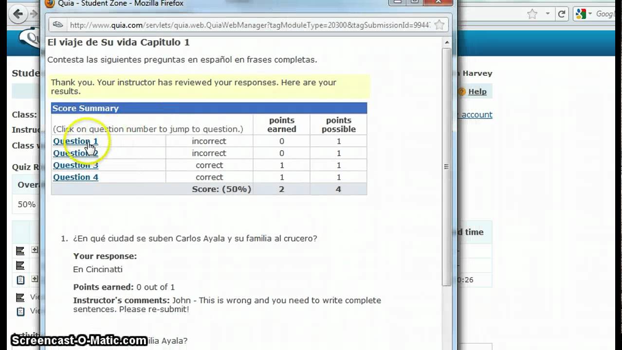 Finding your results in QUIA.com and making corrections - YouTube