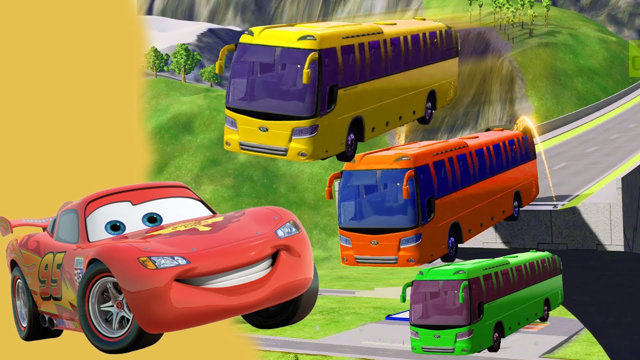 Lightning McQueen vs BUS Car Battle, Car Falling Super Jump Challenge ...