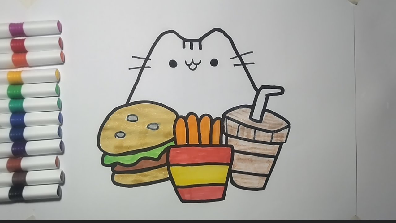 How to draw a cat, burger, french fries, cola, for children easily and ...