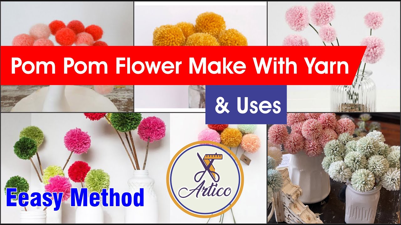 pom pom flowers with yarn | pom pom flower design - YouTube