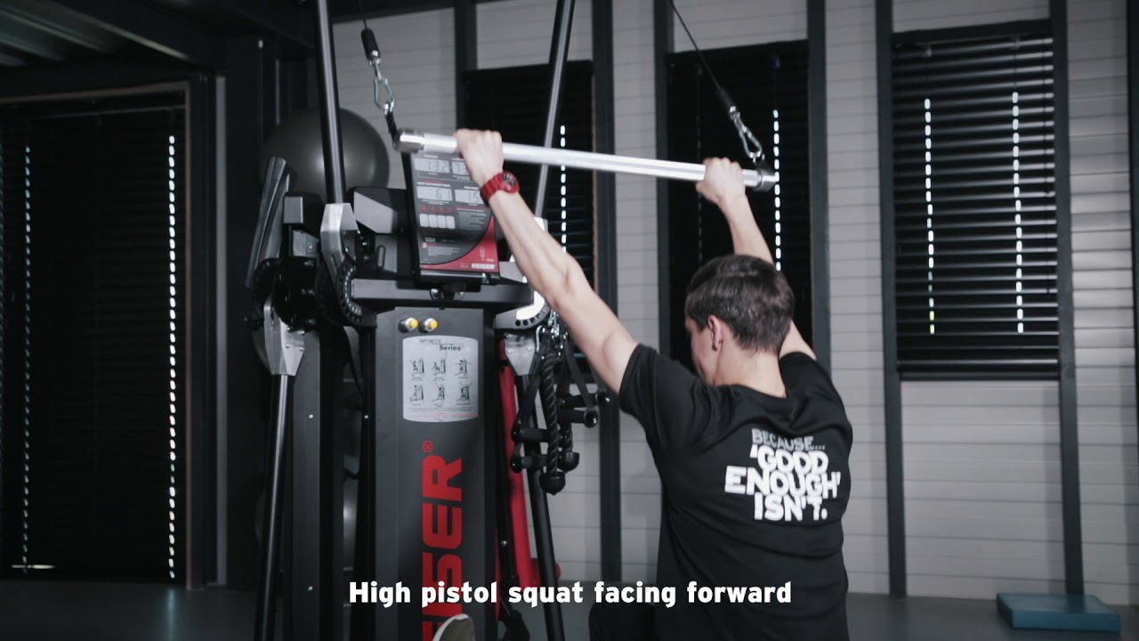 Exercise 44: lower body handle 2 high pistol squat facing forward ...