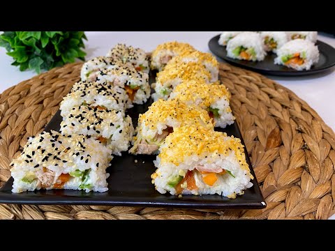 🍱 EVDEKİ MALZEMELERLE SUSHİ HAZIRLADIM😍Yosunsuz Sushi Yapımı 🍣Ton Balıklı Suşi ✅ Çiçekintarifleri
