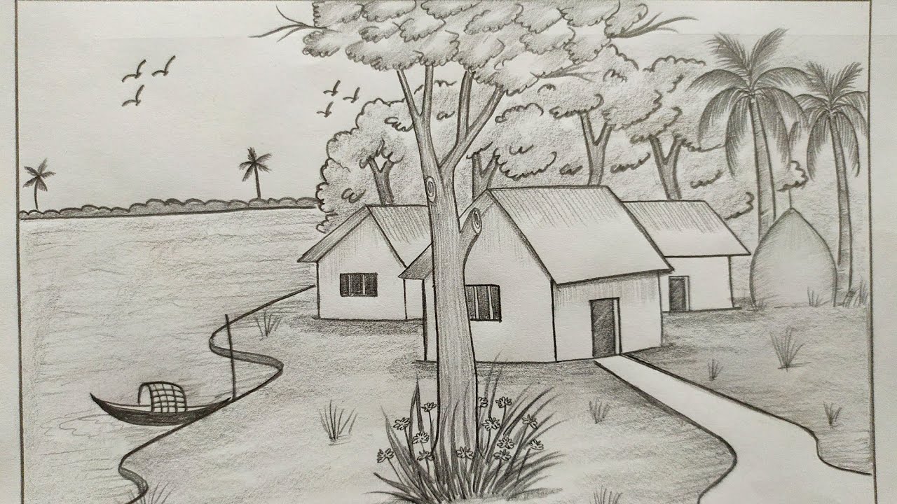 easy village scenery drawing for beginners/landscape drawing step by ...