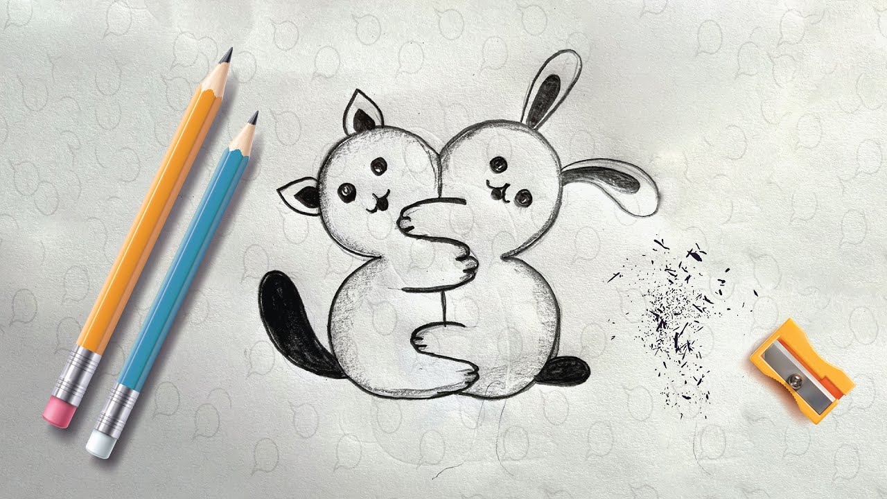 Bunny and Cat Hugging Drawing || Cat and Rabbit Drawing || Drawing ...