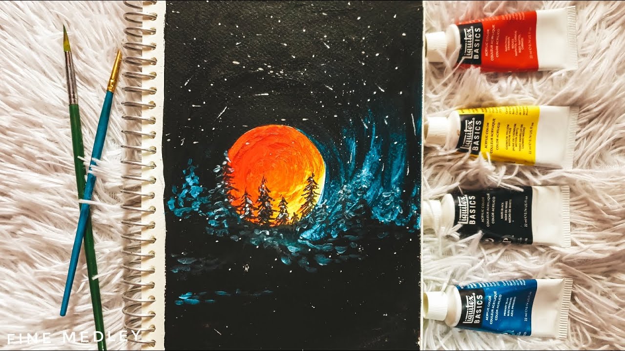 HOW TO PAINT BLOOD MOON / starry night with acrylic / 4 colors only ...