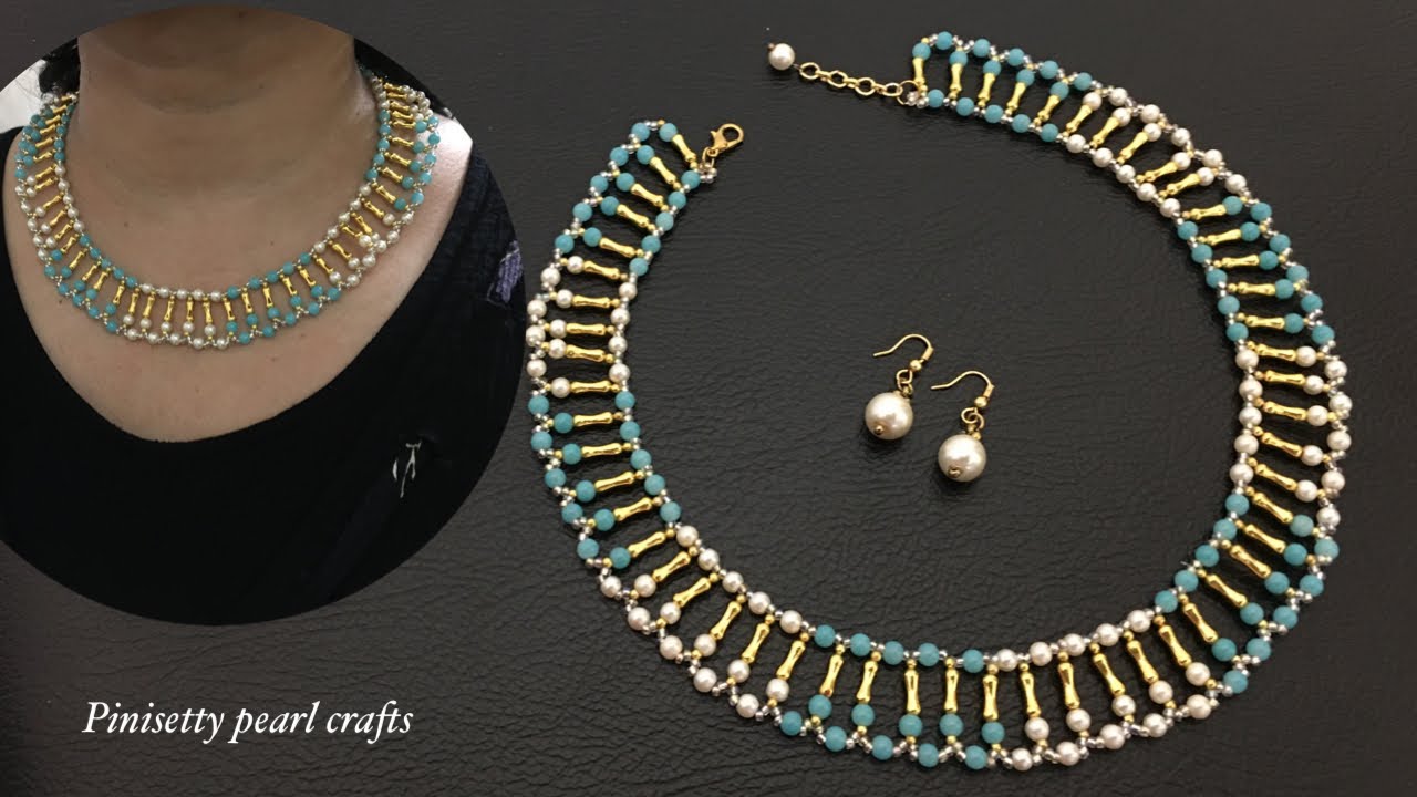 How to make beaded mat necklace/Pearl collar necklace tutorial ...