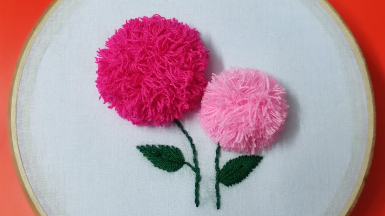 3d pom pom flower with wool dimensional hand embroidery - YouTube