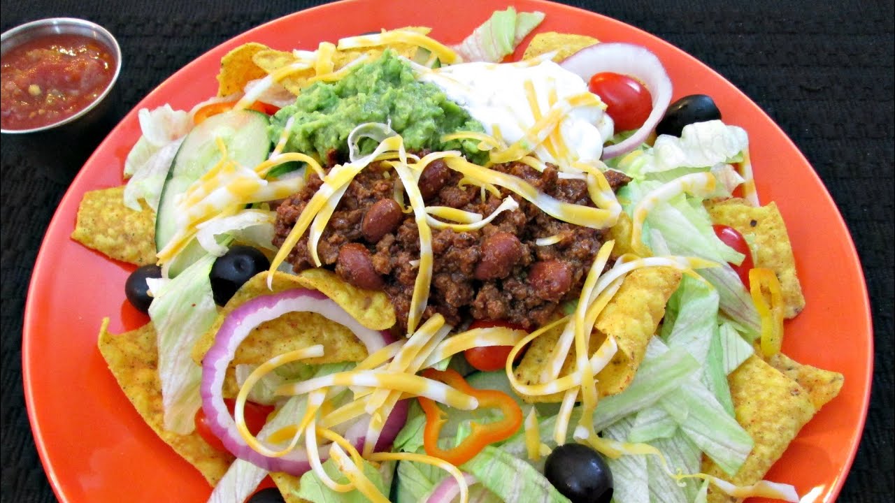 Taco Salad with Chili and Tortilla Chips - PoorMansGourmet - YouTube