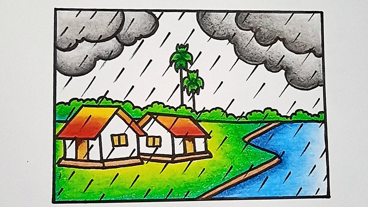 easy rainy season village scenery drawing || step by step - YouTube