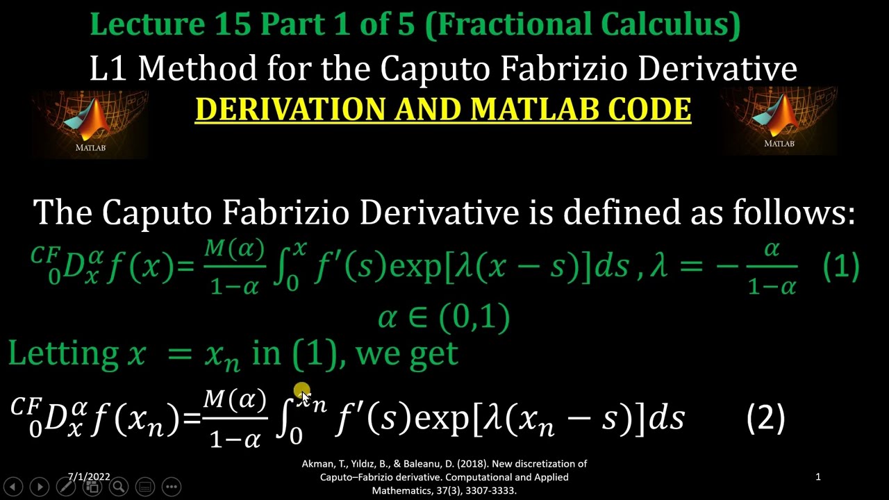 Fractional Calculus Fractional Derivative L1 Method For Cf Matlab Code Lecture 15 Part 1 Of 5