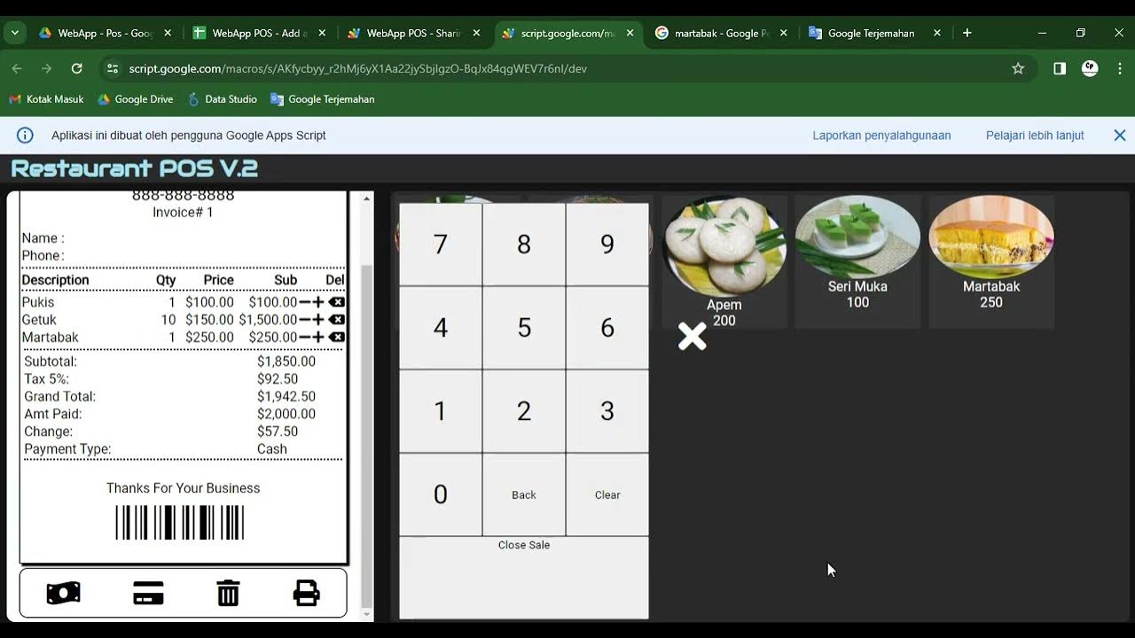 Apps Script - WebApp Point Of Sales (POS) V.2: with Add and Delete Button for Items (Member ...